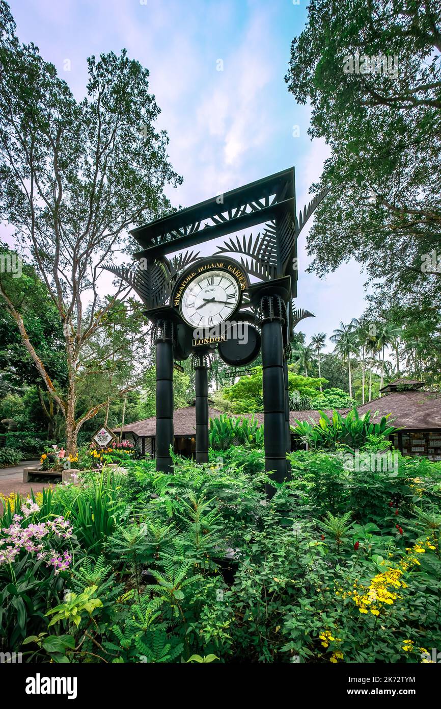 World clock near National Orchid Garden in Singapore Botanic Gardens ...