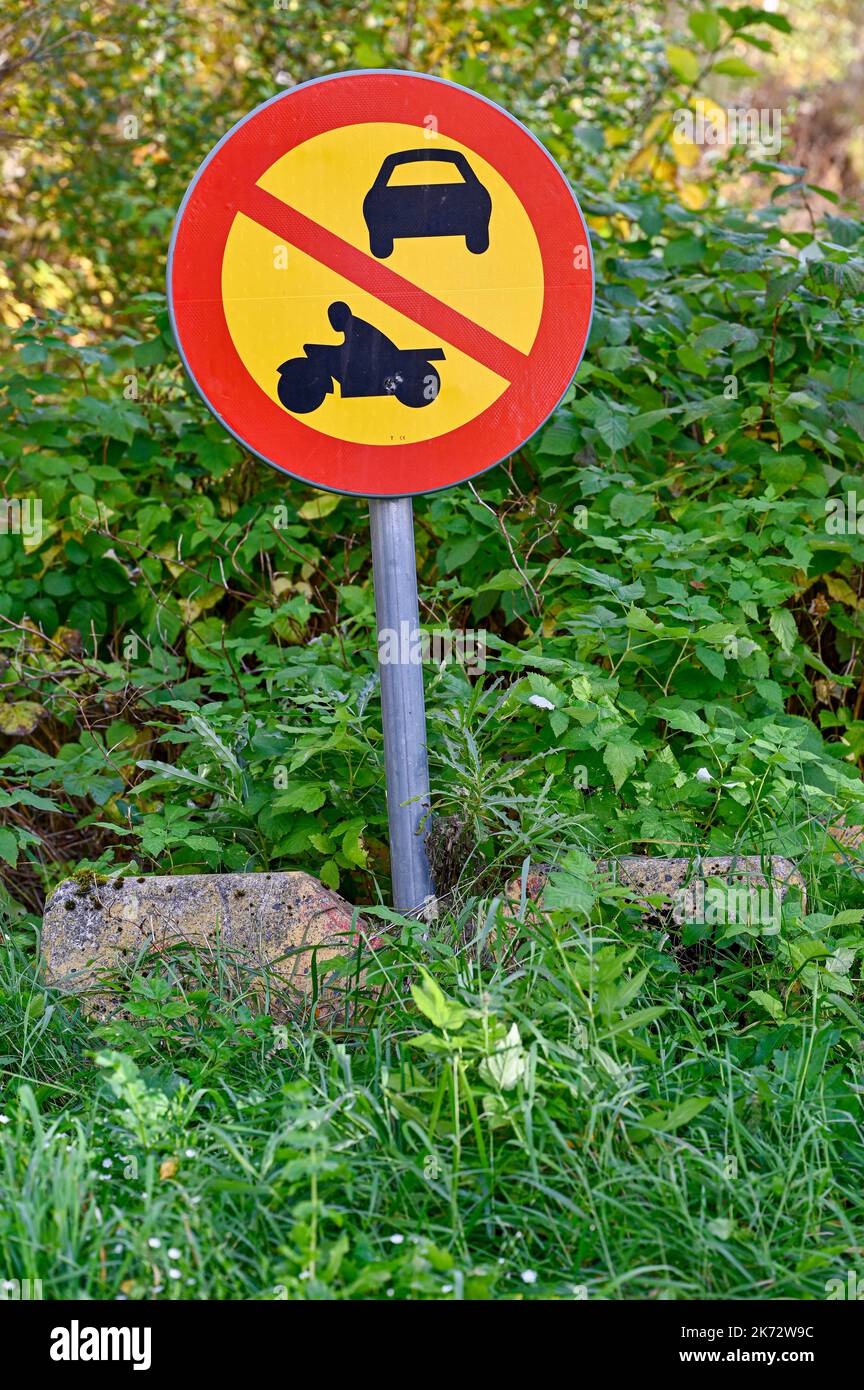 Swedish traffic sign saying Motor traffic prohibited Stock Photo - Alamy