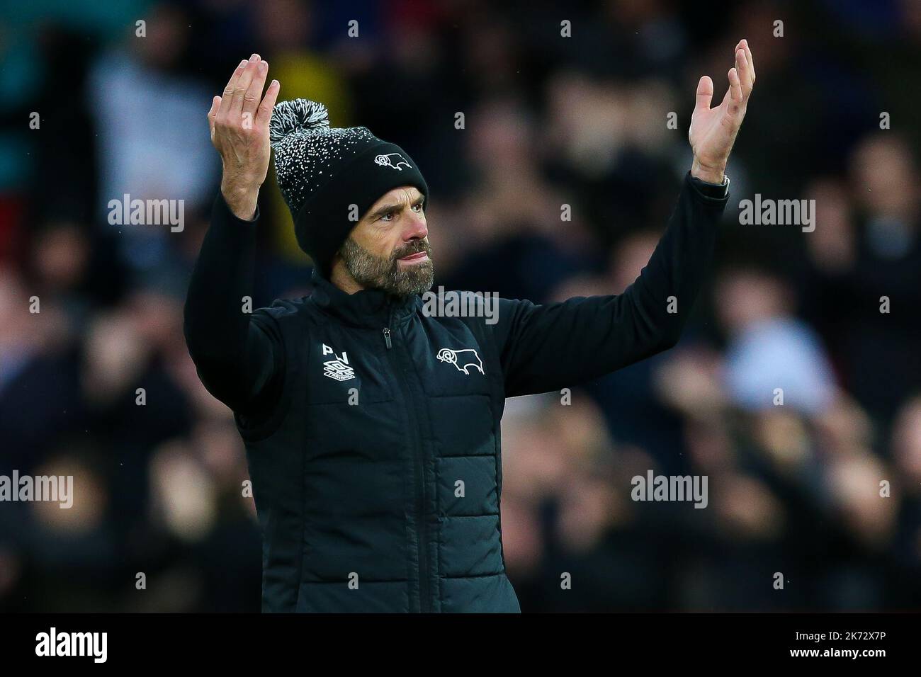 Derby County’s manager Paul Warne gestures to the fans at the end of ...