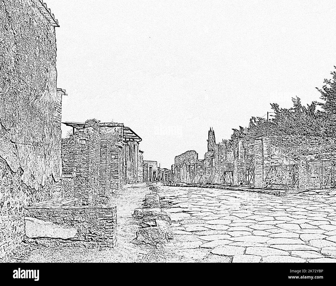 The view of a street in Pompeii, Italy. Ruined buildings, walls. Famous ...