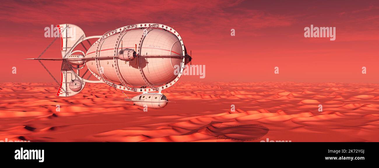 Fantasy airship over a red sandy desert Stock Photo - Alamy