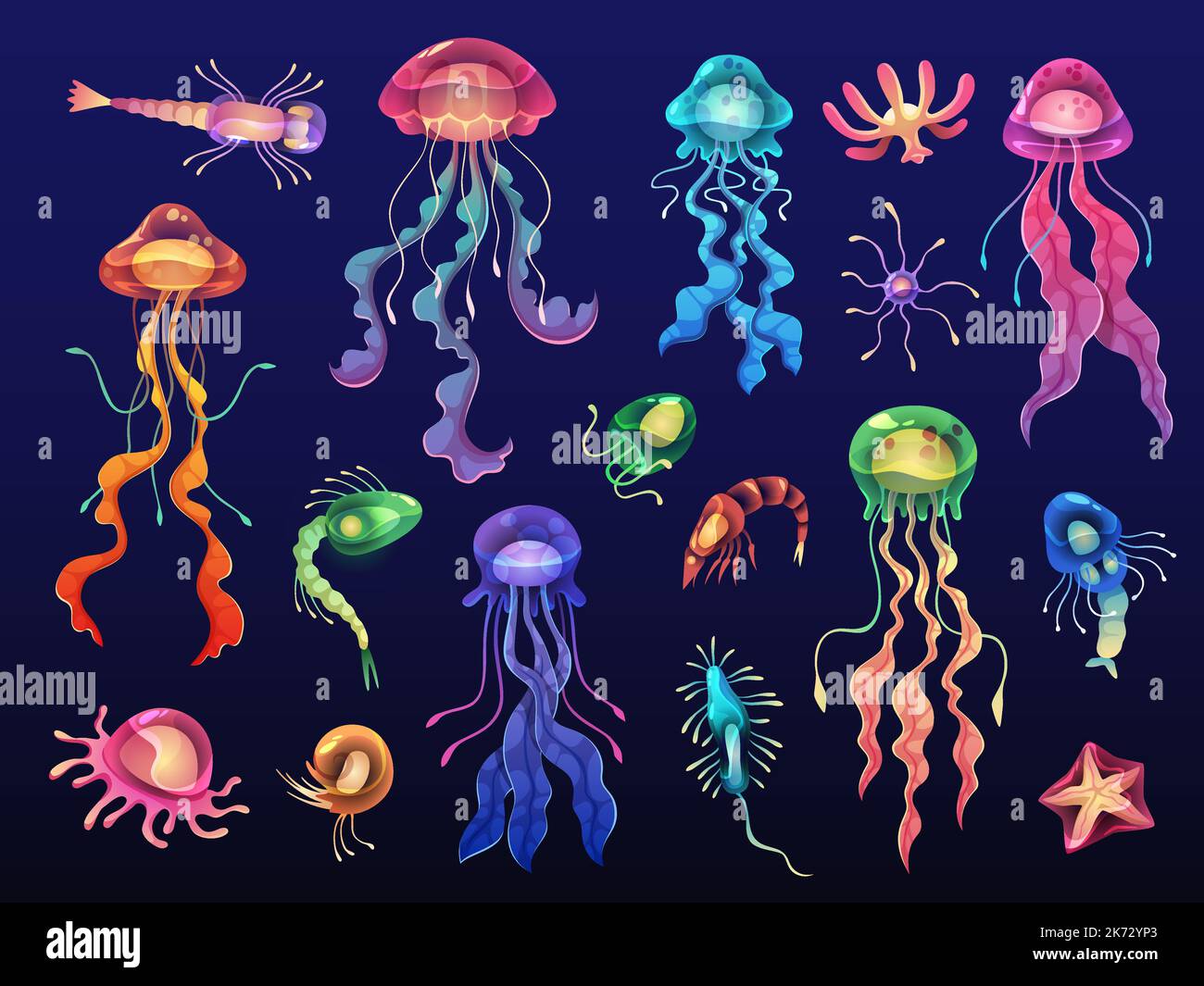 Cartoon jellyfishes. Beautiful deep water glowing creatures, ocean ...