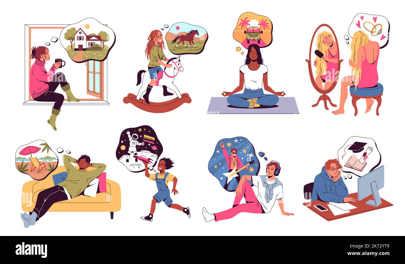 Dreaming people. Persons think about various positive things, young ...