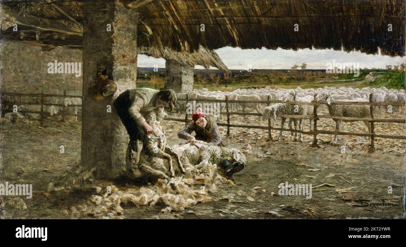 Giovanni Segantini painting, The Sheepshearing, oil on canvas, 1883 ...