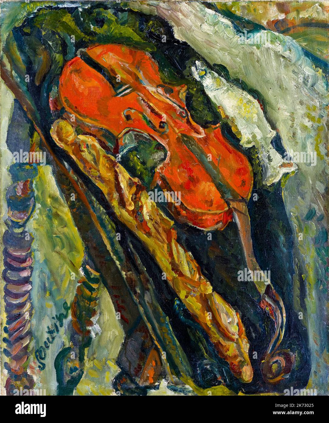 Chaim Soutine, Still Life with Violin, Bread, and Fish, painting in oil ...