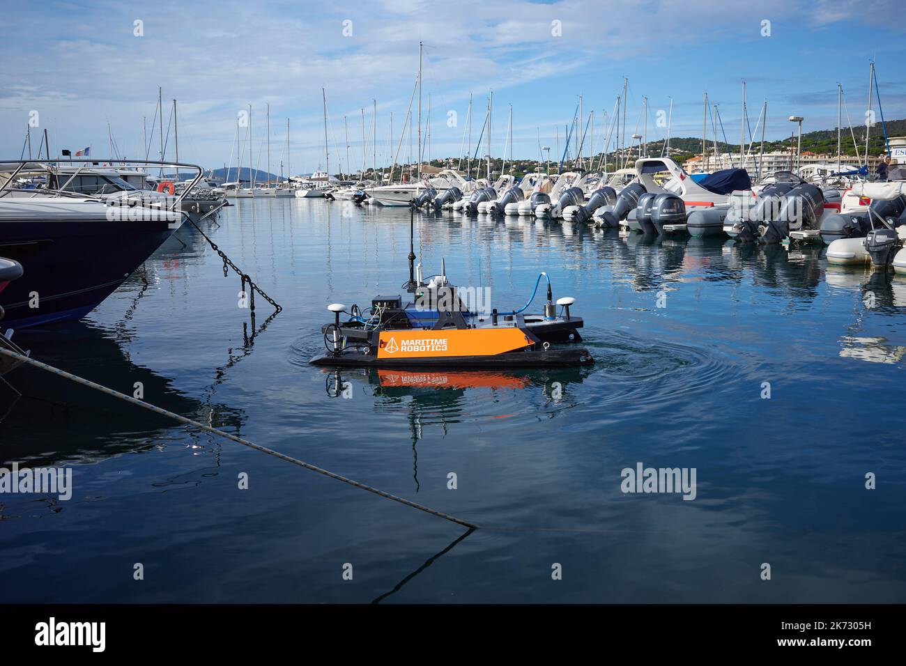 A Maritime Robotics radio controlled boat being used in the marina at ...