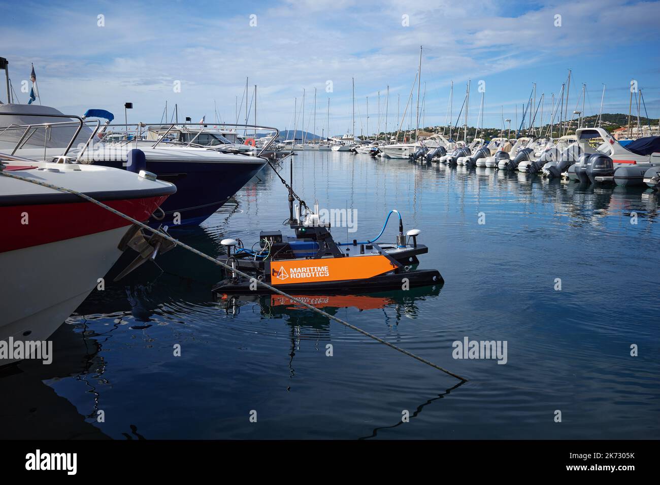 A Maritime Robotics radio controlled boat being used in the marina at ...