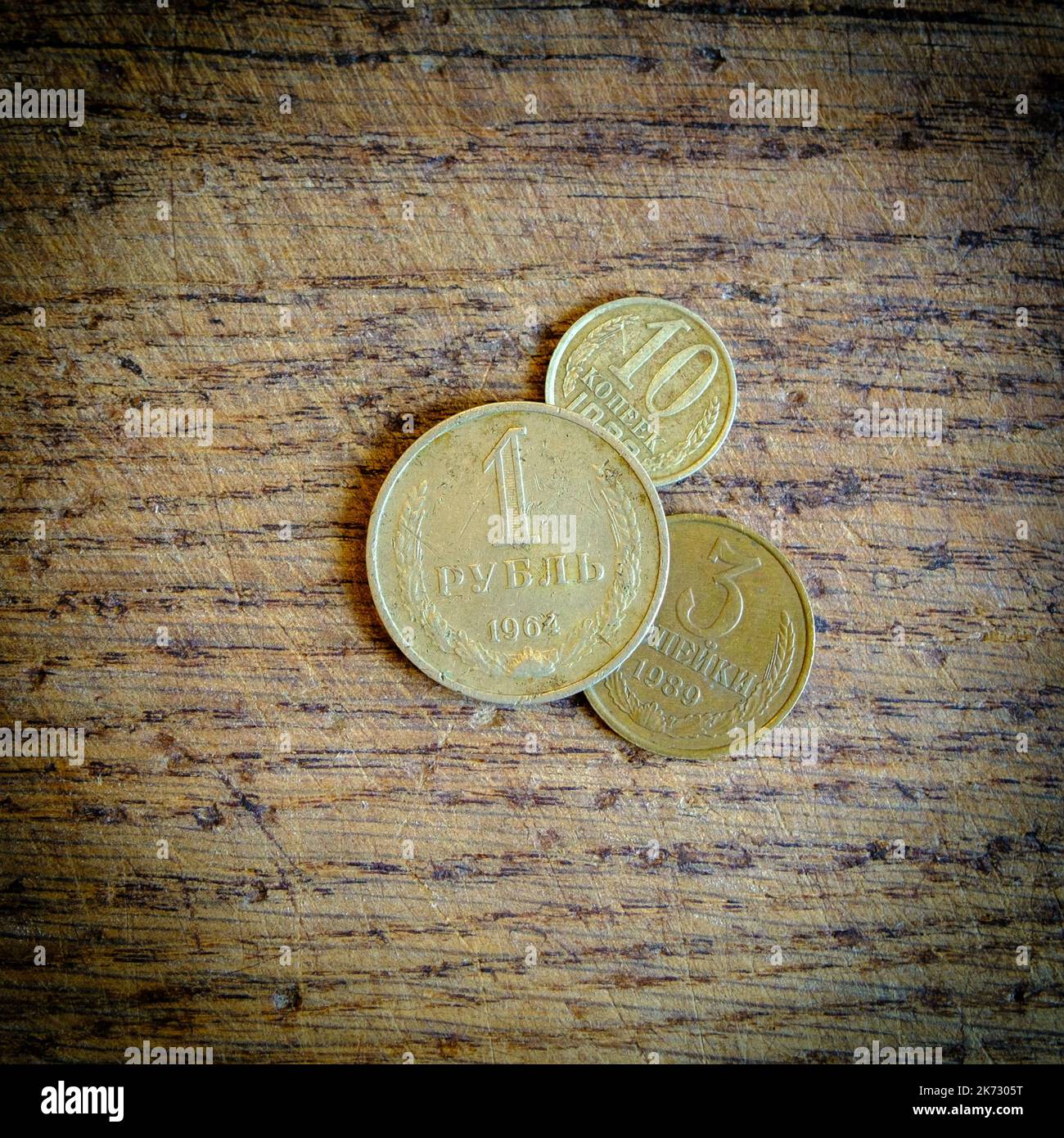 Soviet-era Russian ruble, coins and wooden background Stock Photo - Alamy