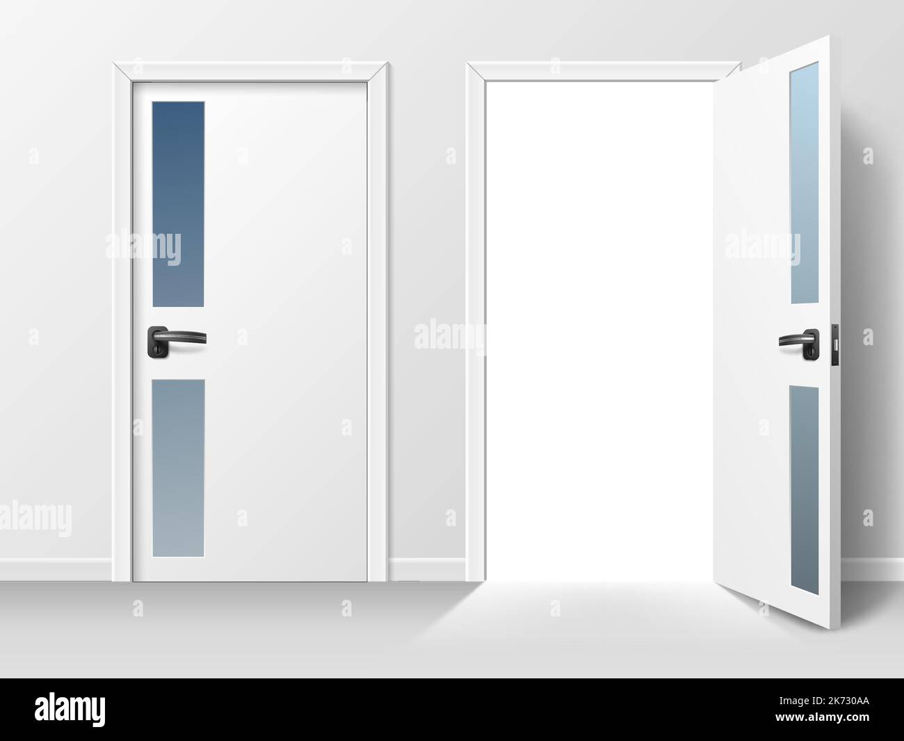Opened and closed door. Realistic white interior door with transparent ...