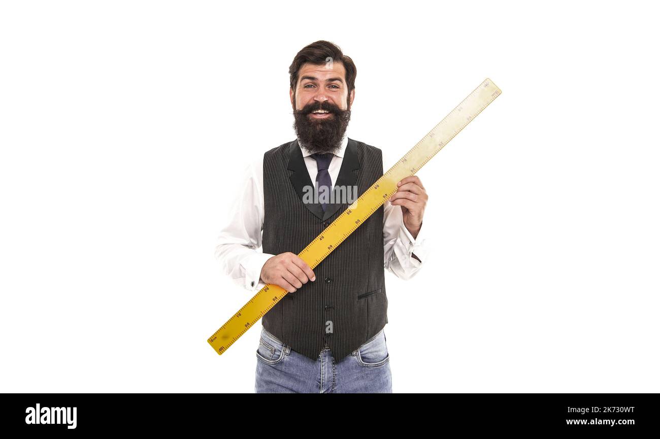 Happy school teacher hold ruler for geometry lesson isolated on white ...