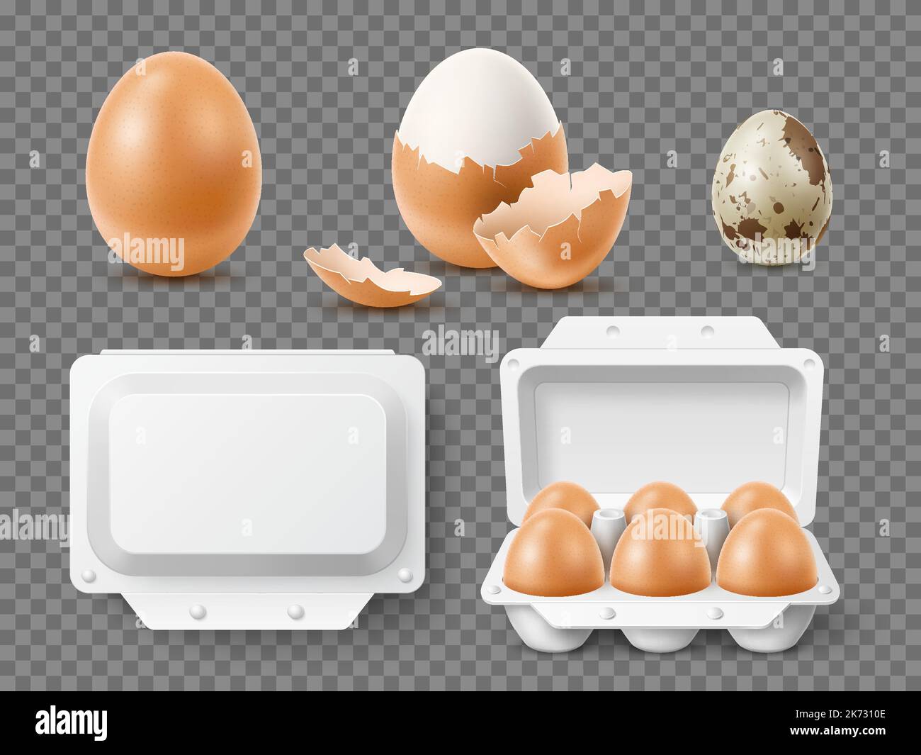 Realistic hen and quail eggs. Fresh raw and boiled natural products, whole and broken, yolk and ...