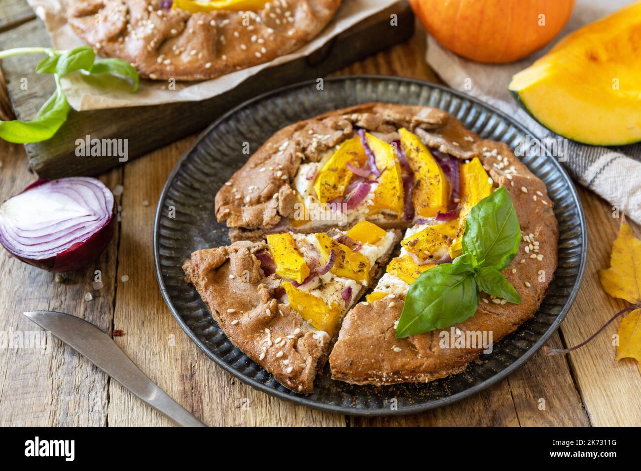 Homemade galette pie or crostata with pumpkin and ricotta cheese on ...