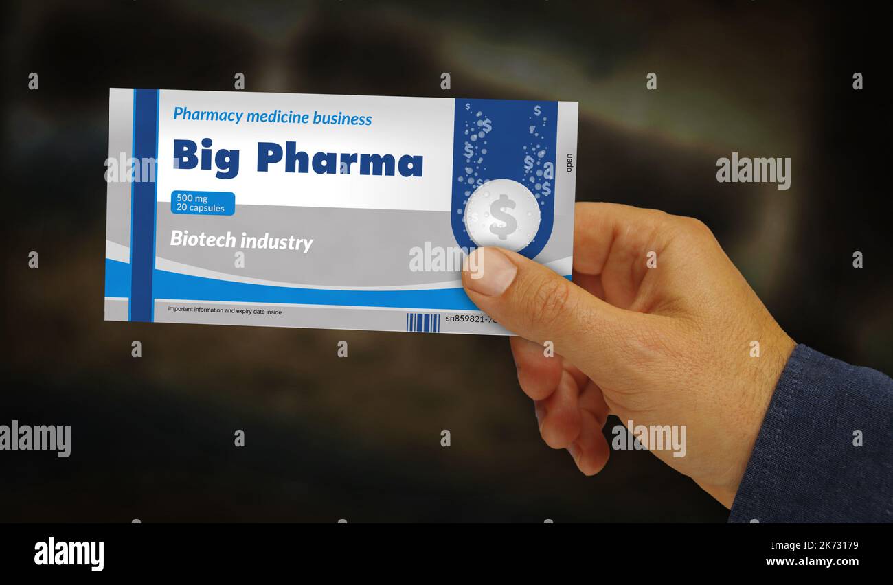 Big Pharma, medicine and healthcare business box in hand ...