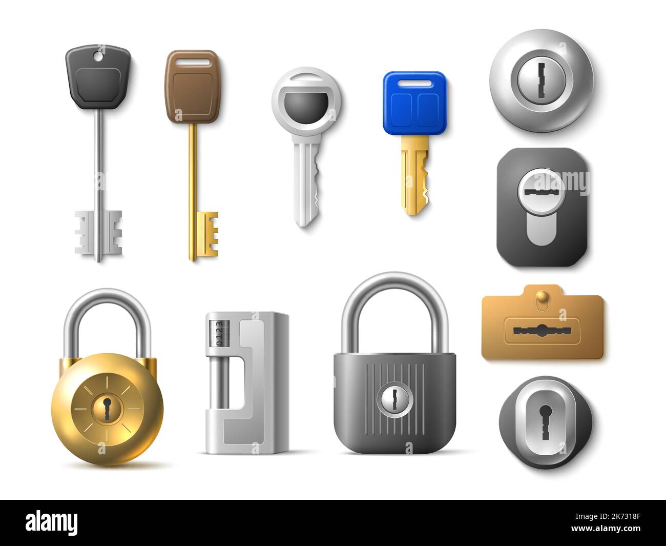 Realistic modern keys. Different locks and padlocks, keyholes ...