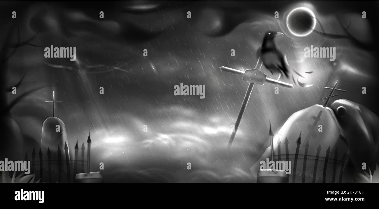 Halloween realistic vector with mystical moonlight on dark sky, rain ...