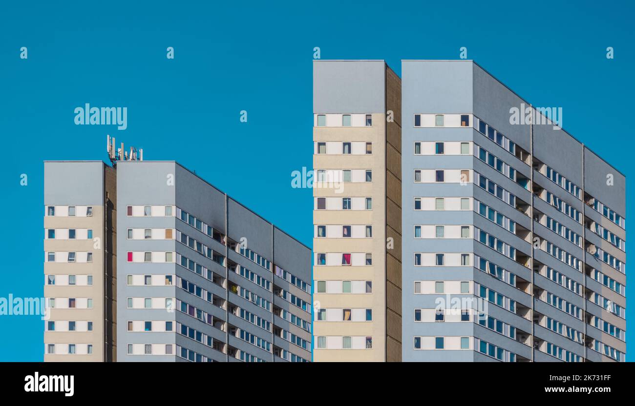 Exterior of council housing tower block Abbey Estate in Camden, London ...