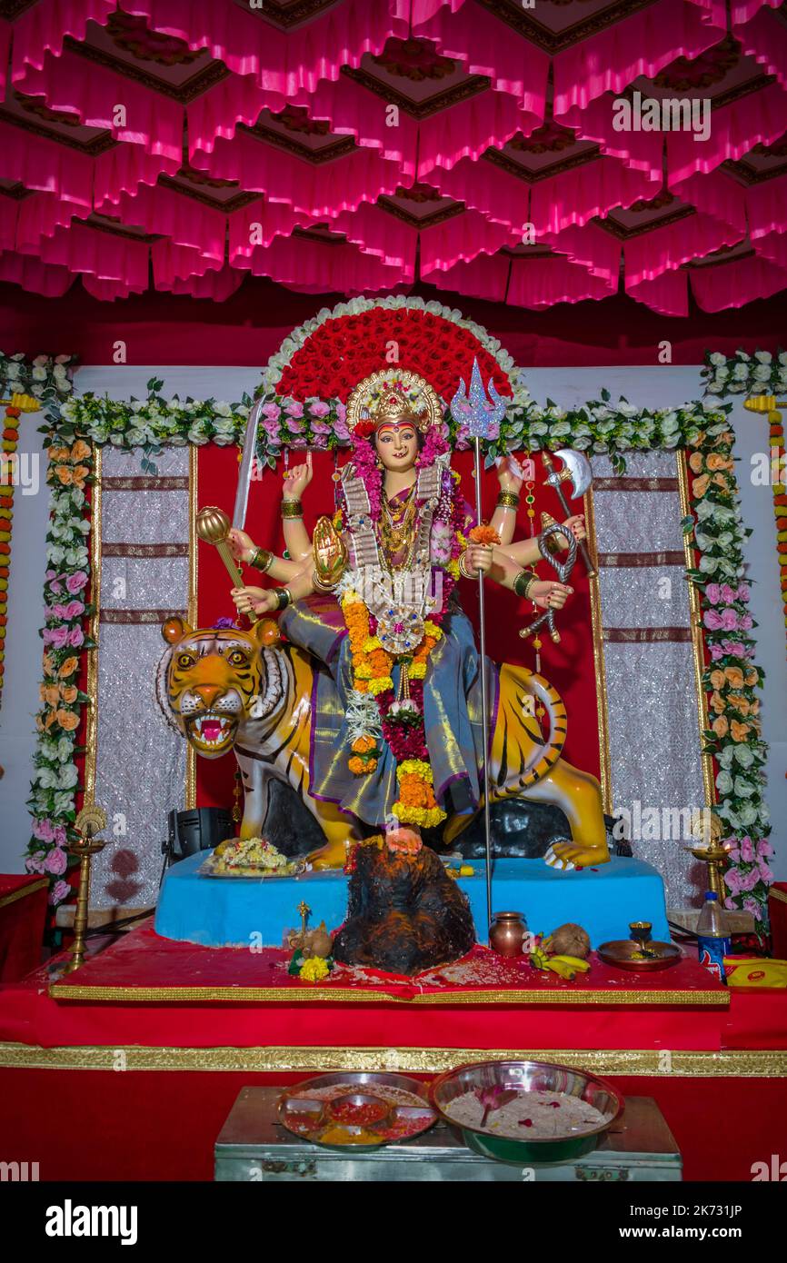 A beautiful idol of Maa Durga being worshipped at a mandal in Mumbai ...