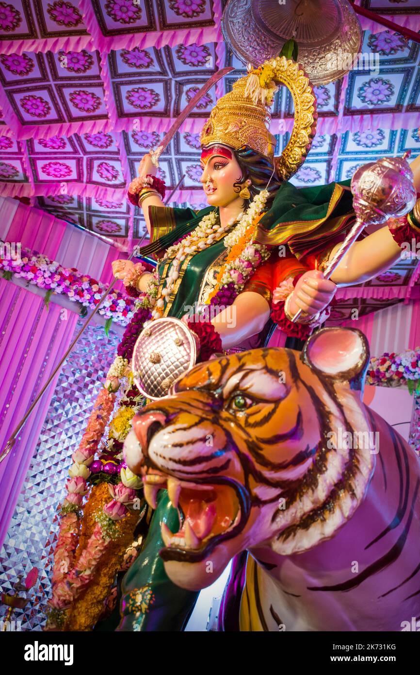 A beautiful idol of Maa Durga being worshipped at a mandal in Mumbai ...