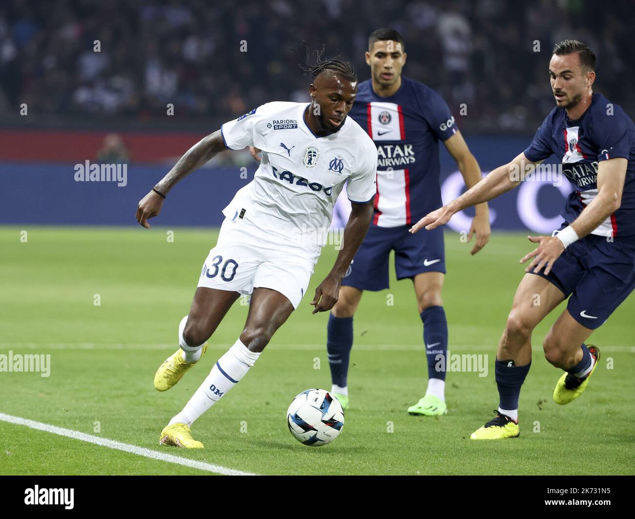 Nuno Tavares of Marseille, Achraf Hakimi, Fabian Ruiz Pena of PSG ...