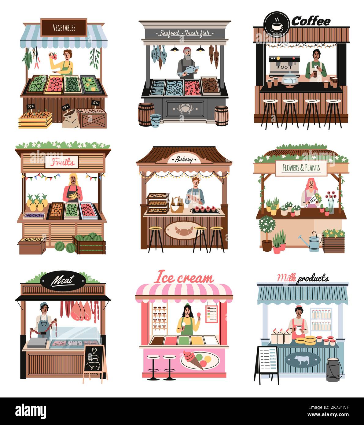 Shop booth. Street market stalls with products, funny sellers, vegetables and fruits, meat, milk ...