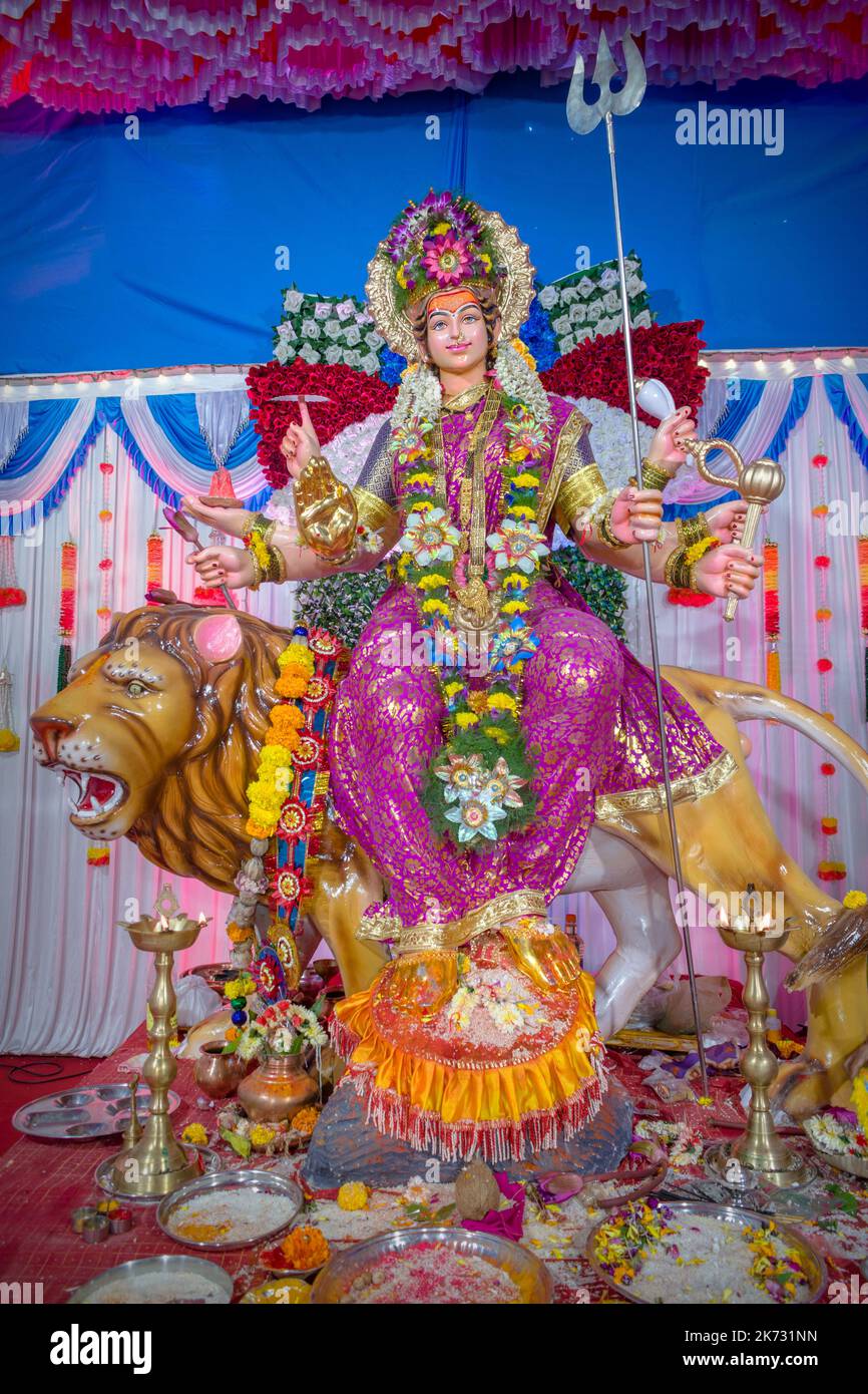 A beautiful idol of Maa Durga being worshipped at a mandal in Mumbai ...