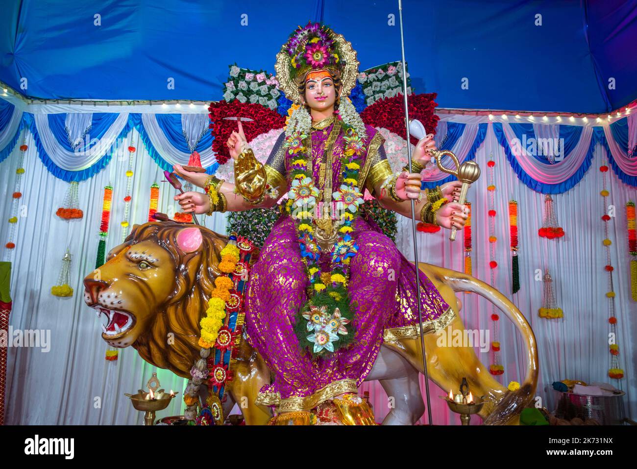 A beautiful idol of Maa Durga being worshipped at a mandal in Mumbai ...