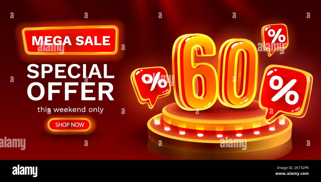 Mega sale special offer, Neon 60 off sale banner. Sign board promotion ...
