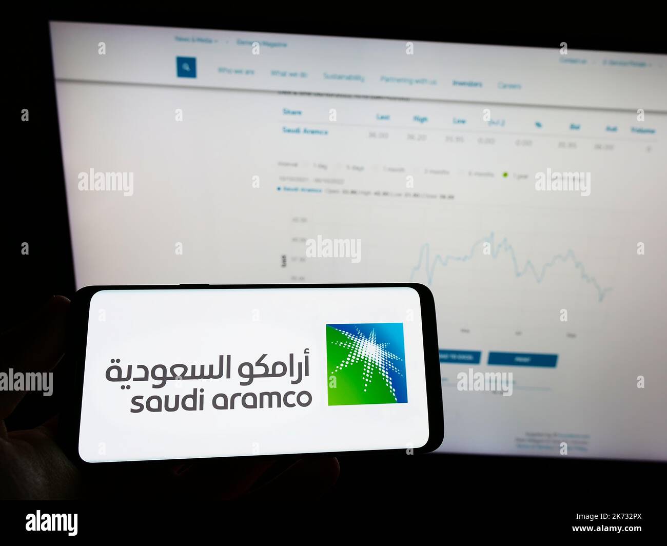 Person holding mobile phone with logo of oil and gas company Saudi ...