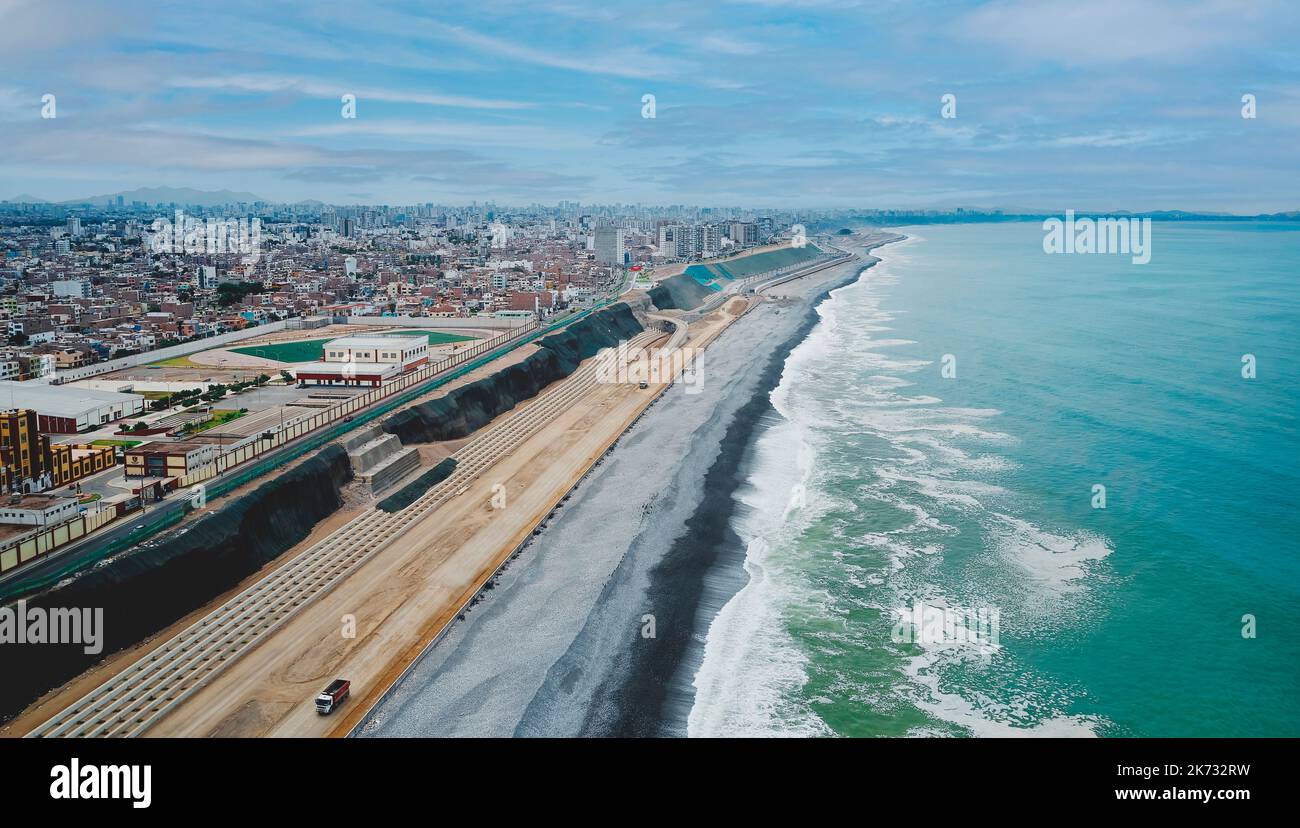 Lima, Peru. October, 2022. Aerial view of construction of highway Costa ...