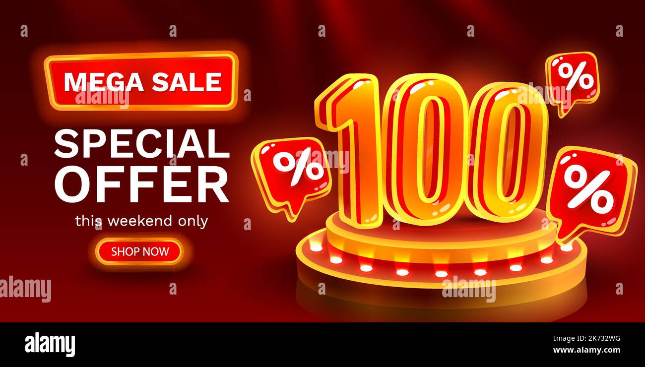 Mega sale special offer, Neon 100 off sale banner. Sign board promotion ...