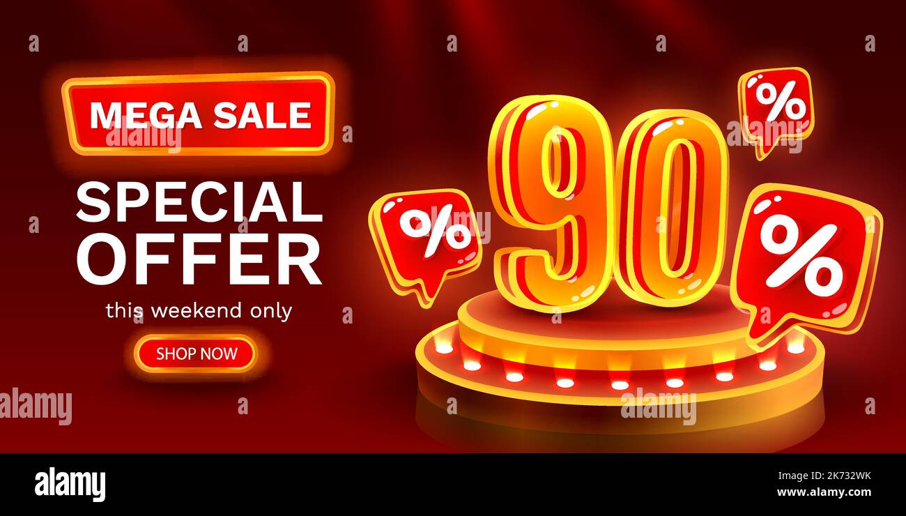 Mega sale special offer, Neon 90 off sale banner. Sign board promotion ...