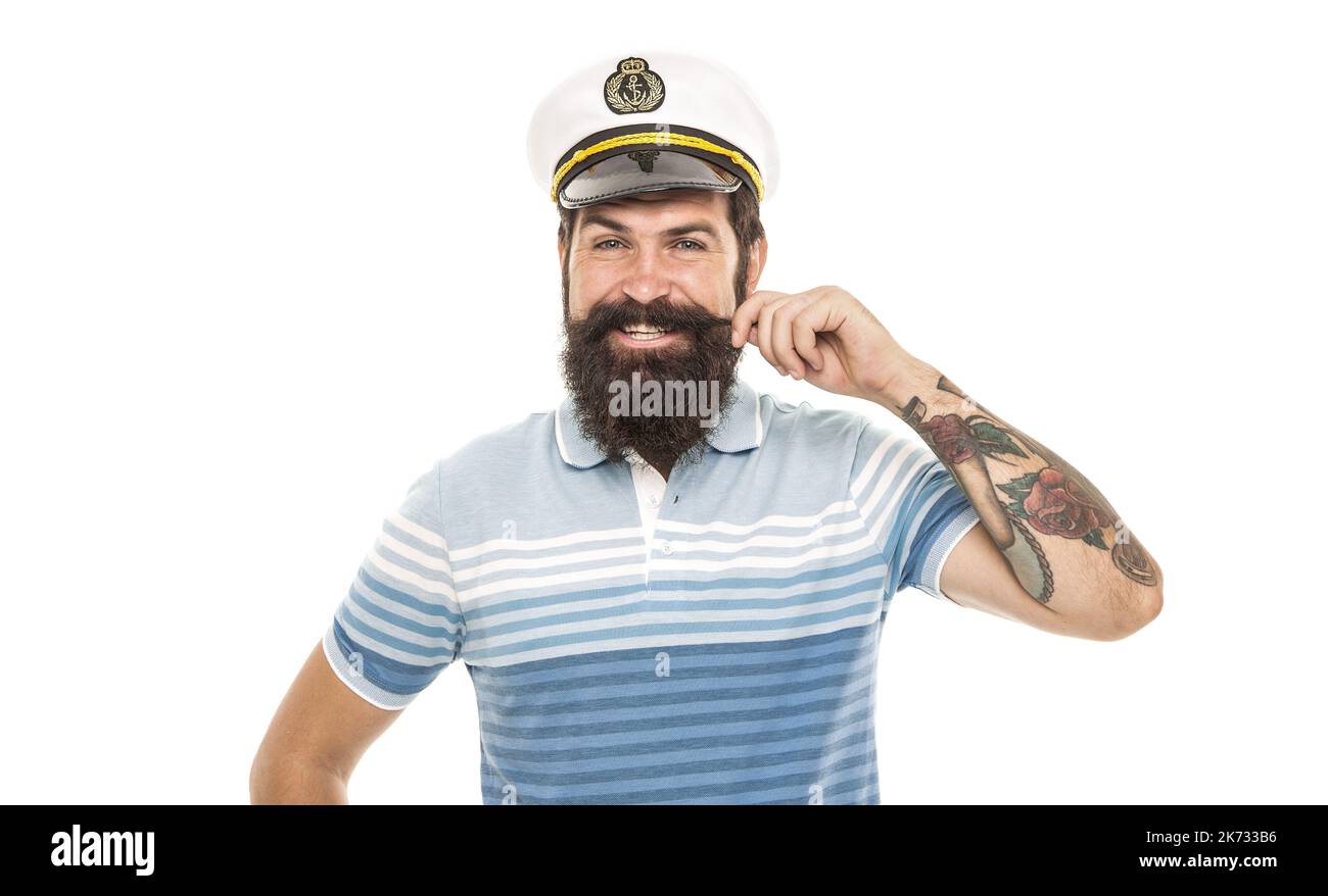 Great captain with great mustache. Happy seaman twirl mustache. Bearded ...