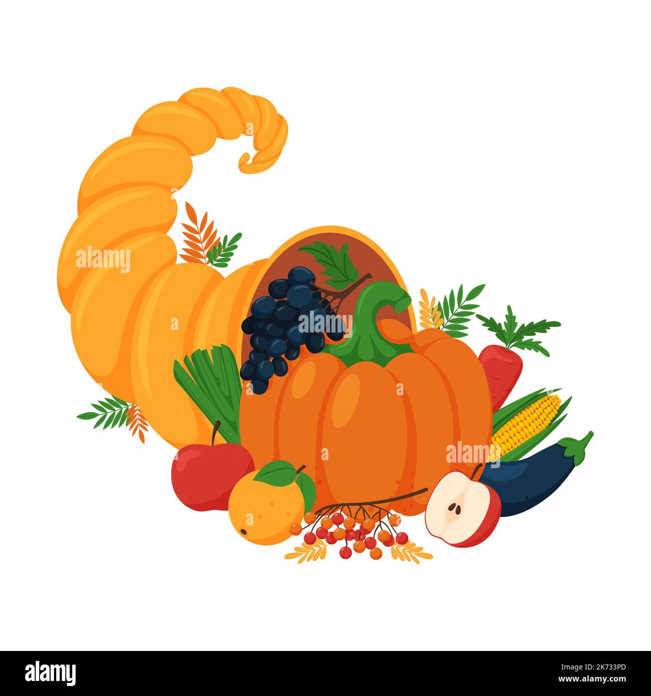 Cornucopia. Horn of plenty with fruits, vegetables. Pumpkin, corn ...