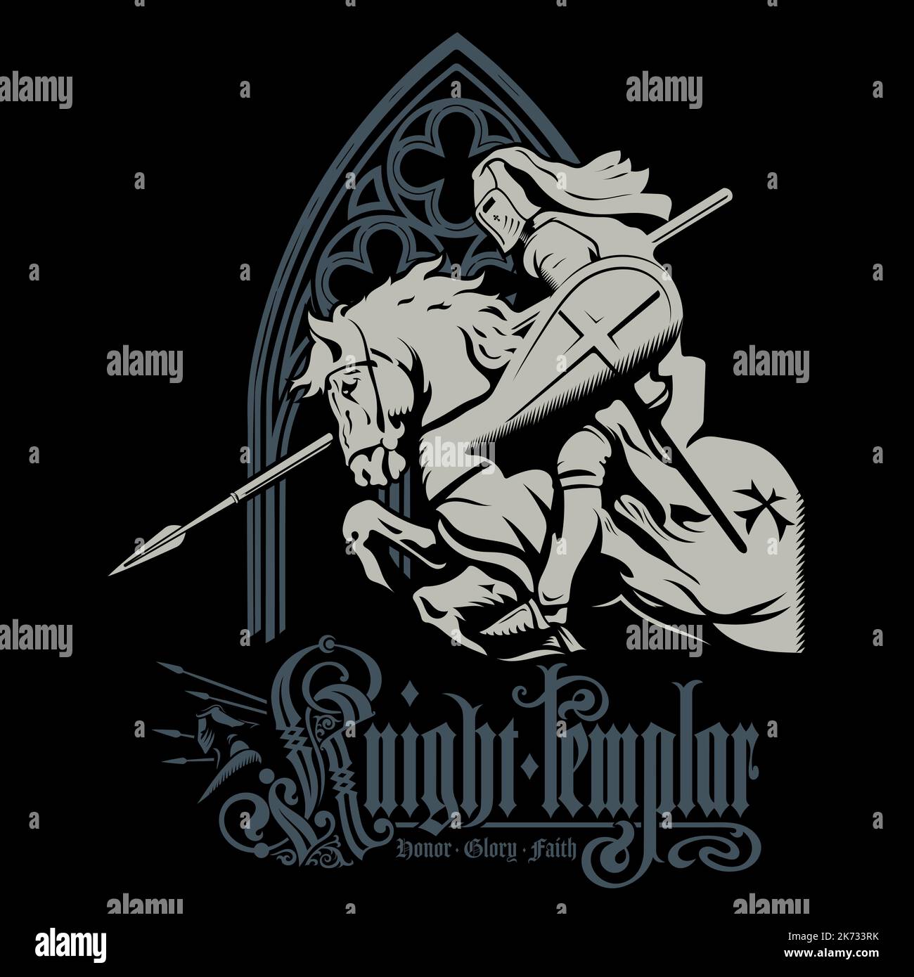 Medieval Knightly Design. Knight Crusader on a war horse with shield ...