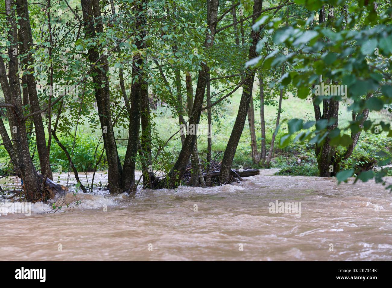 River flooding with muddy waters making rapids and waves Stock Photo ...