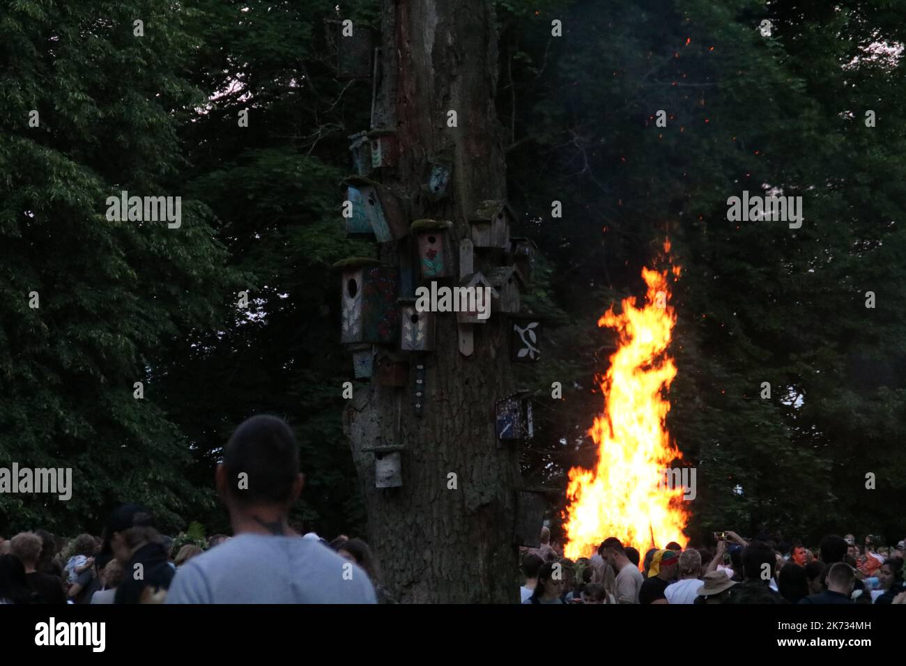 photo many people burning a bonfire in the evening Stock Photo - Alamy