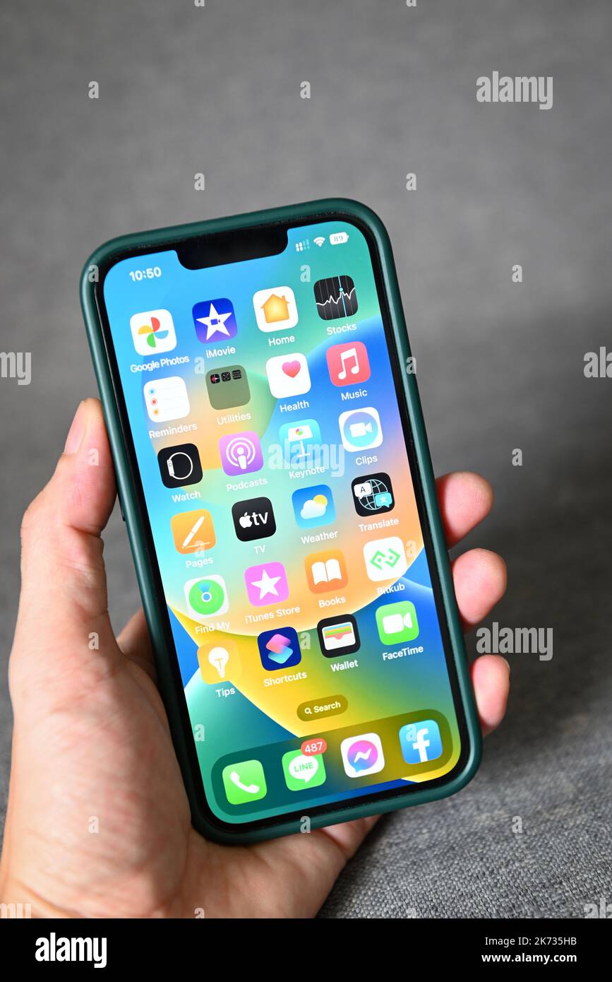 iPhone with iOS 16 logo on home screen, close up new operating system ...