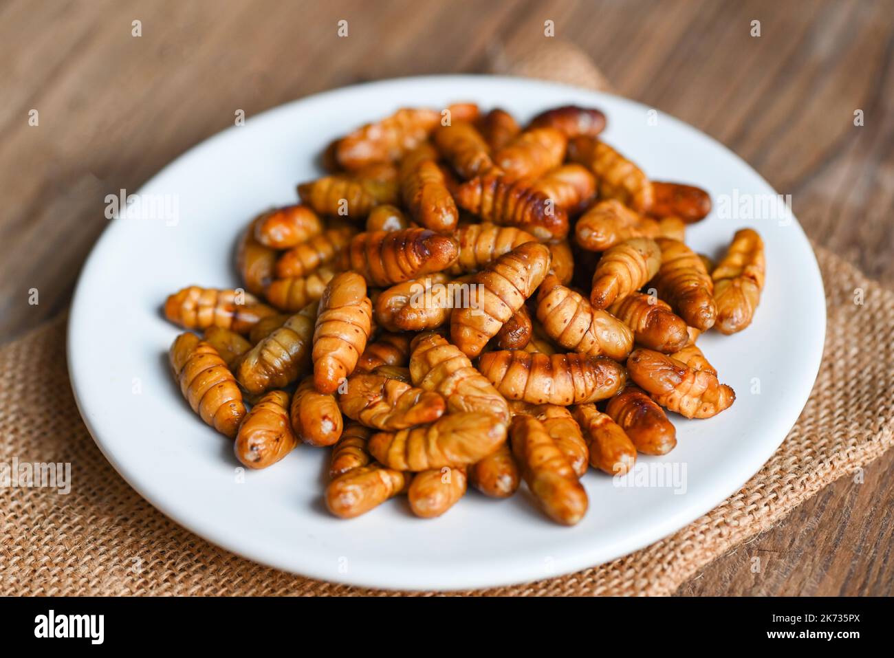 pupa on white plate background, fry silk worms - fried pupa for food ...