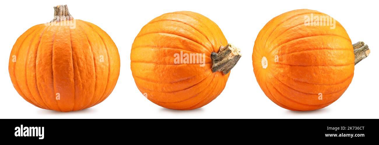 Three orange round pumpkins, symbol of Halloween isolated on white ...