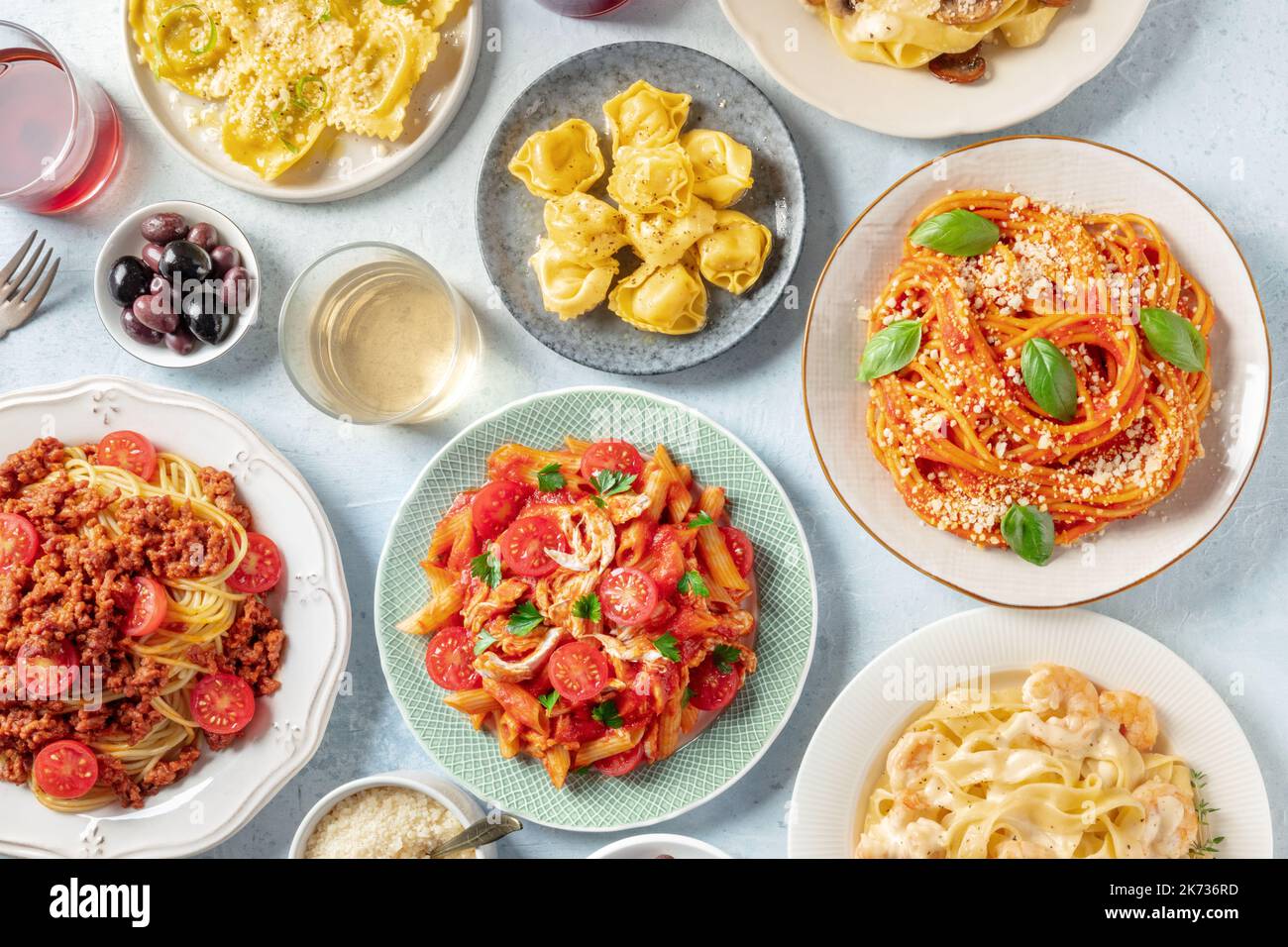 Pasta, many different varieties, overhead flat lay shot. Italian food ...
