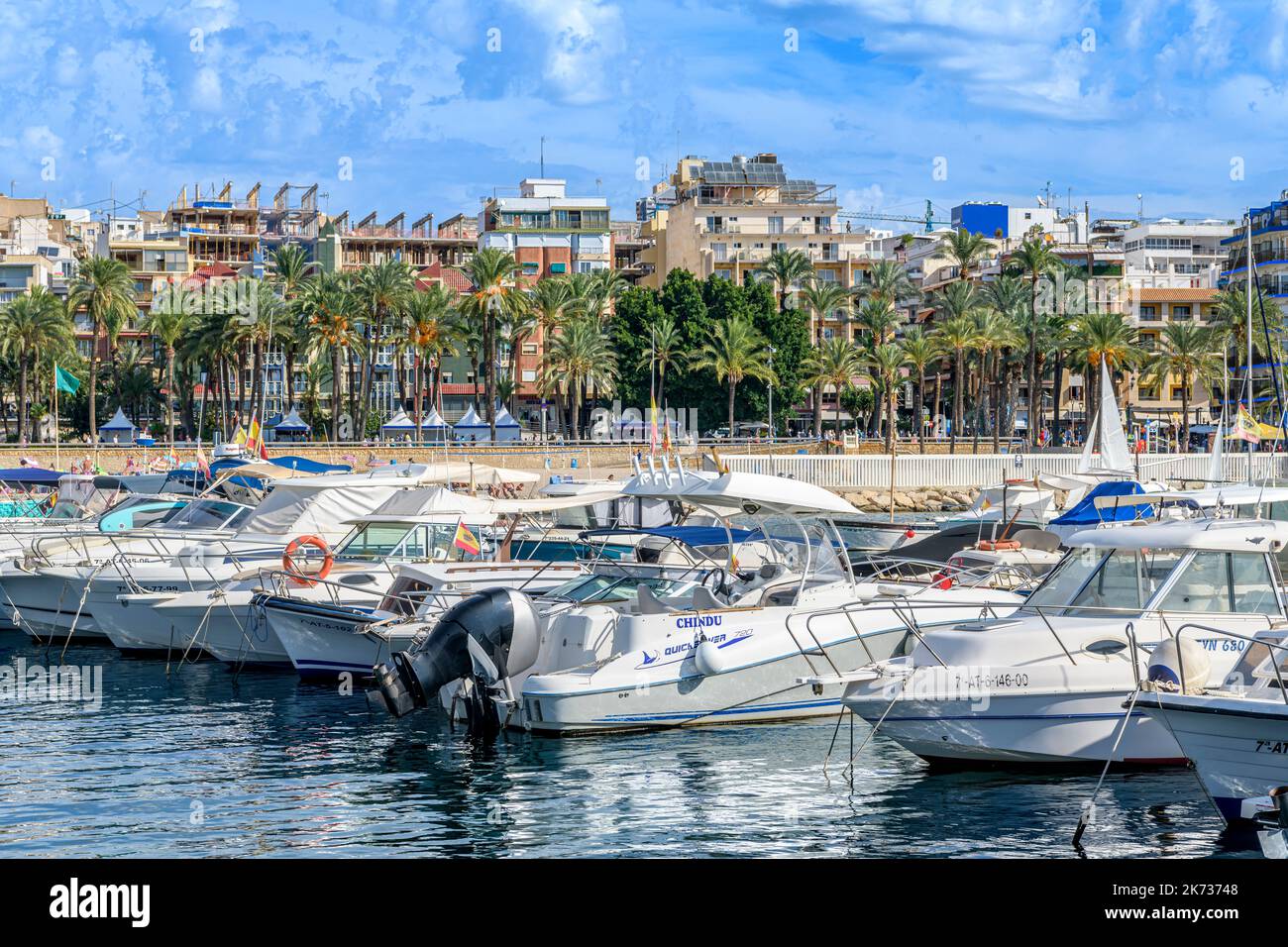 Benidorm marina and seafront, promenade and beaches on West (Poniente ...