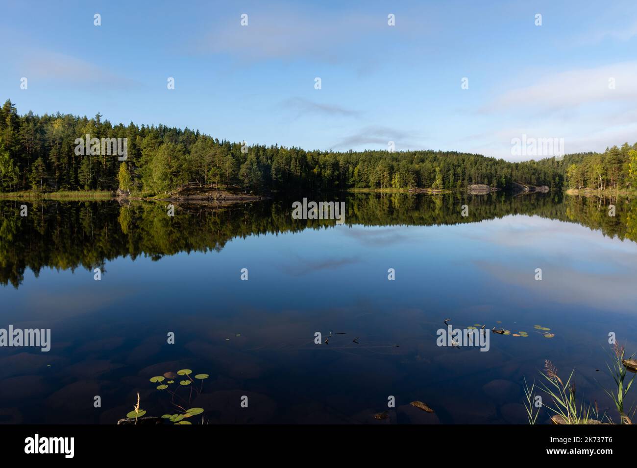 Beautiful Finnish lake view with the reflection from calm water in ...