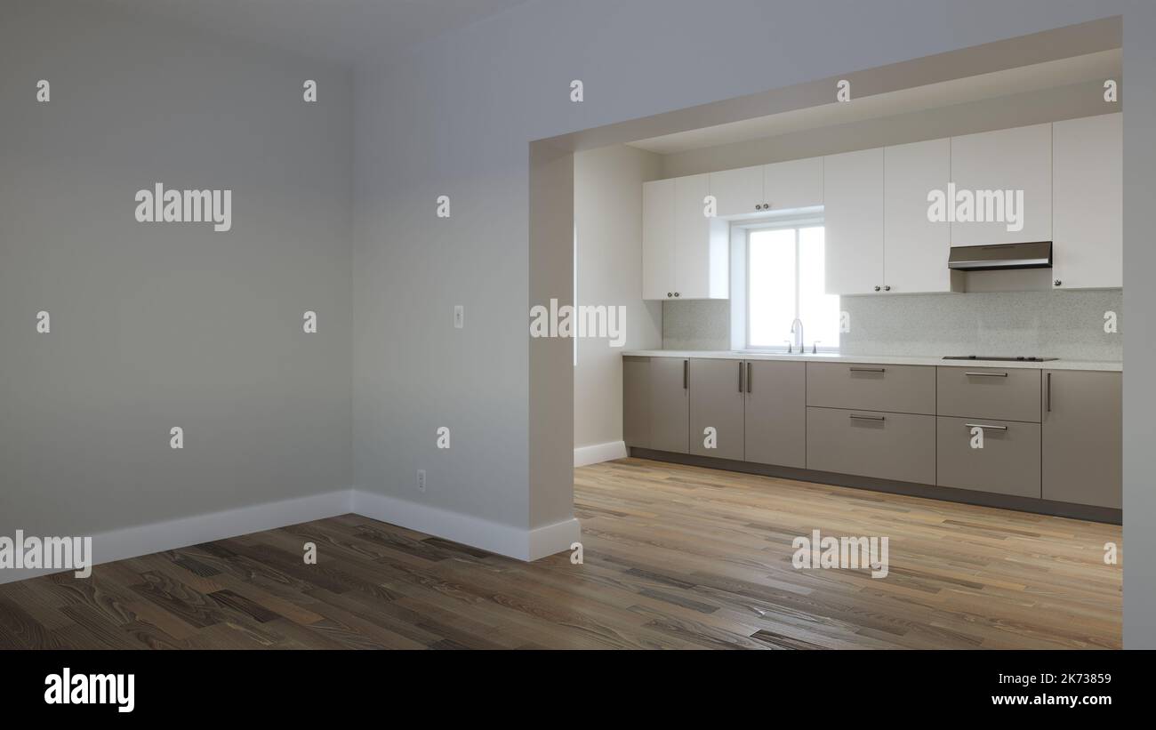 Long kitchen with a large refrigerator and a window over the sink. 3d ...