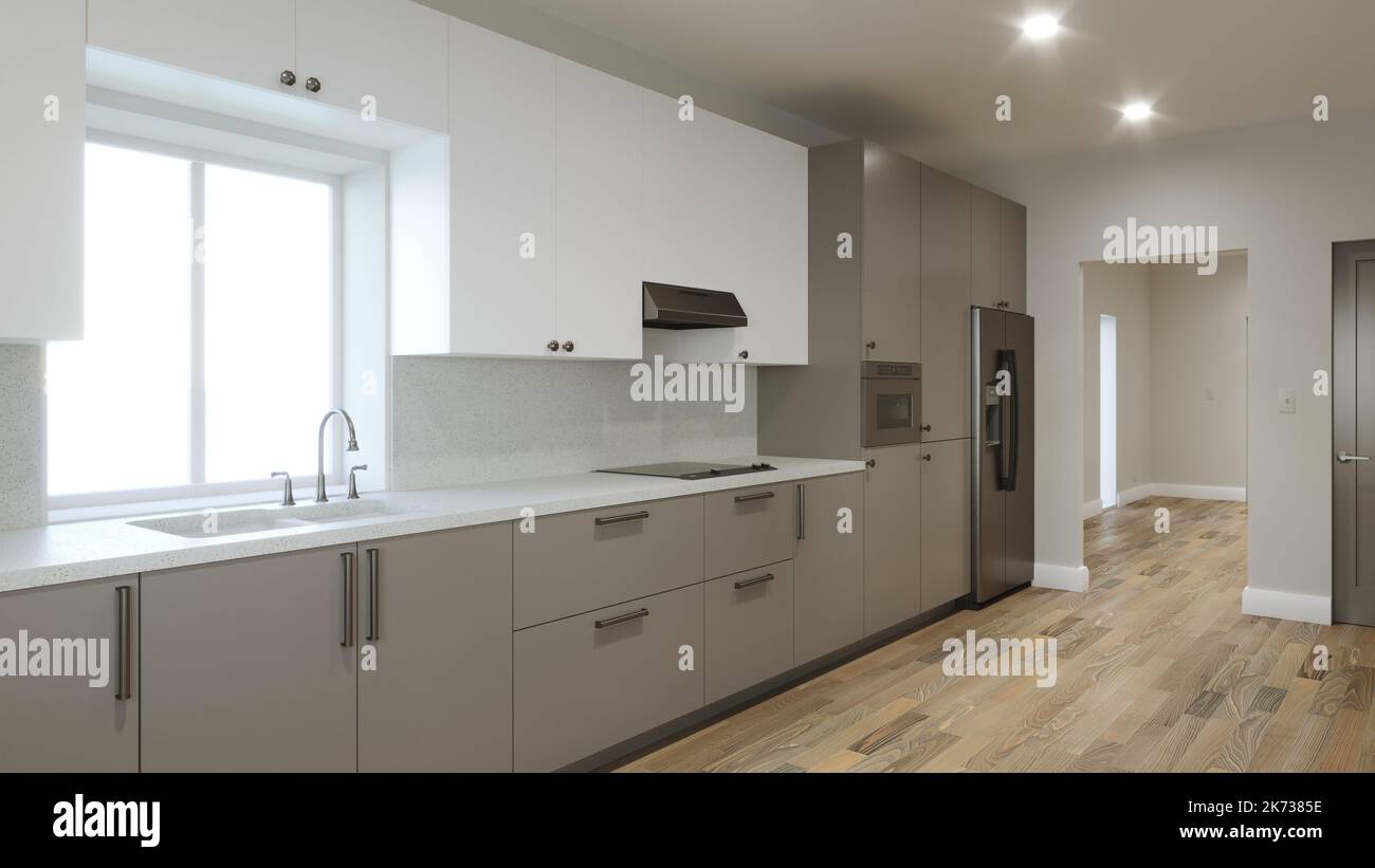 Long kitchen with a large refrigerator and a window over the sink. 3d ...