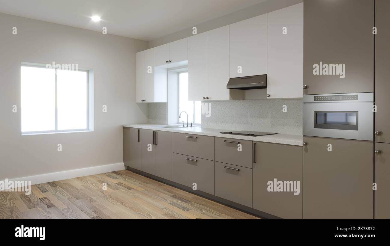 Long kitchen with a large refrigerator and a window over the sink. 3d ...