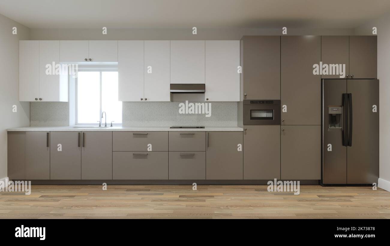 Long kitchen with a large refrigerator and a window over the sink. 3d ...