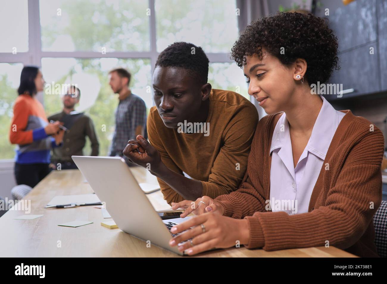 two professional businessmen discussing and using desktop computer in ...