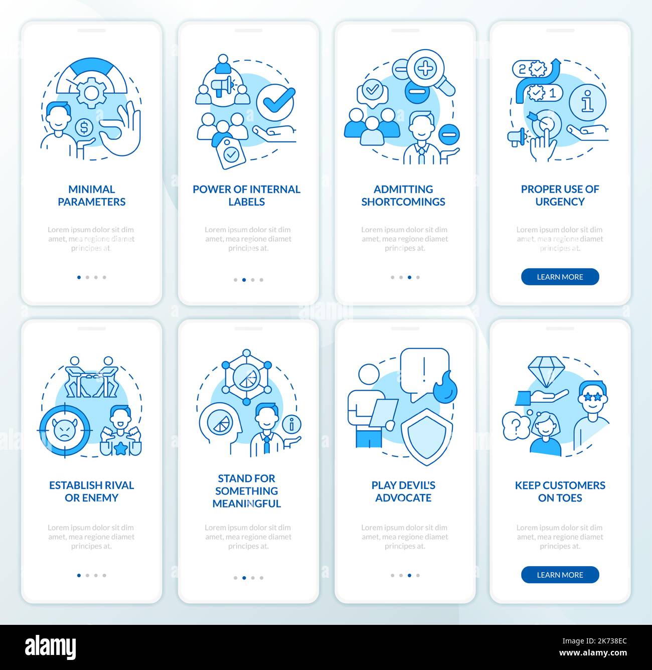 Psychological marketing tactics blue onboarding mobile app screen set ...