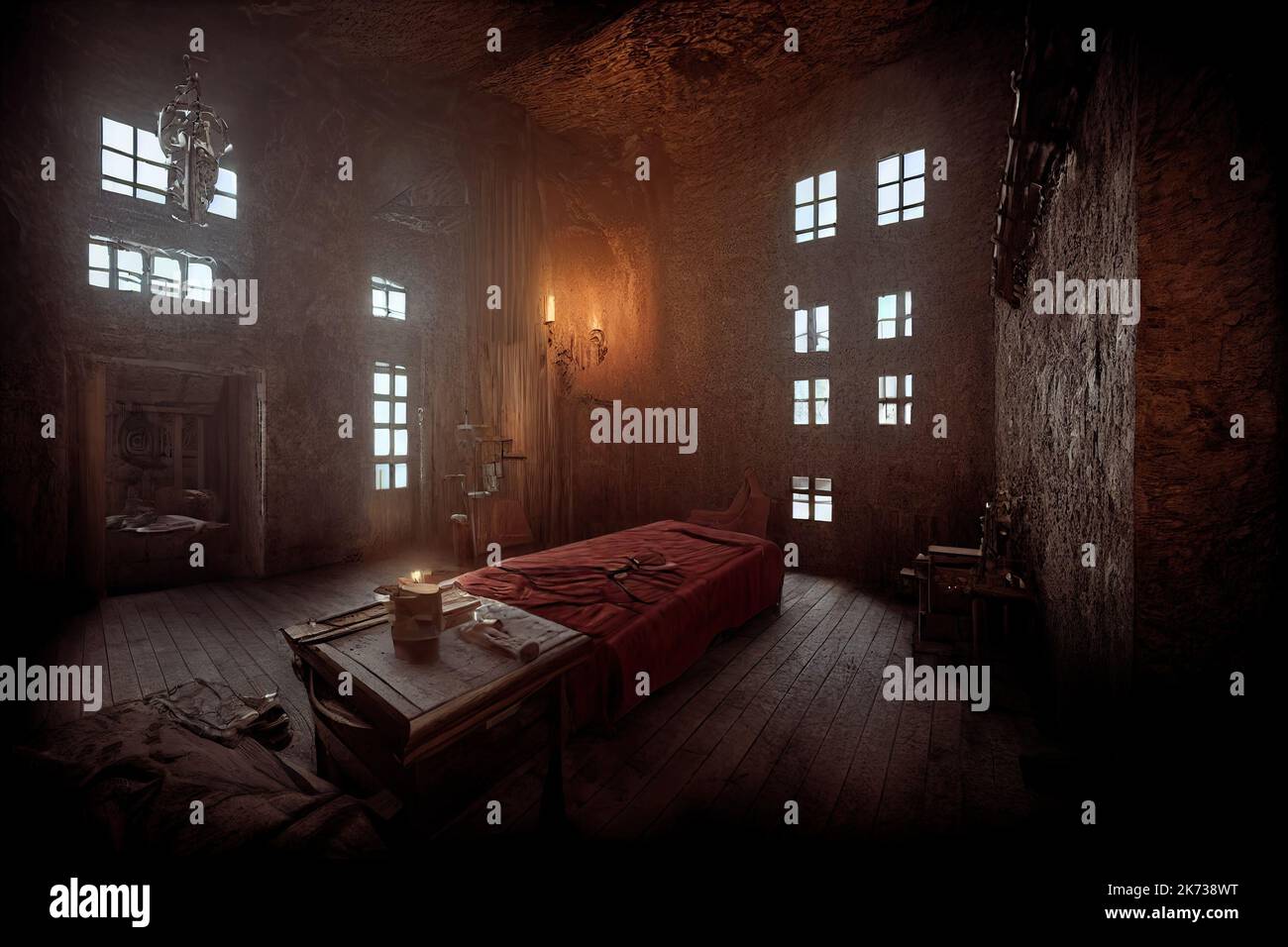 An indoor candlelit scene of a Transylvanian vampire dungeon with ...