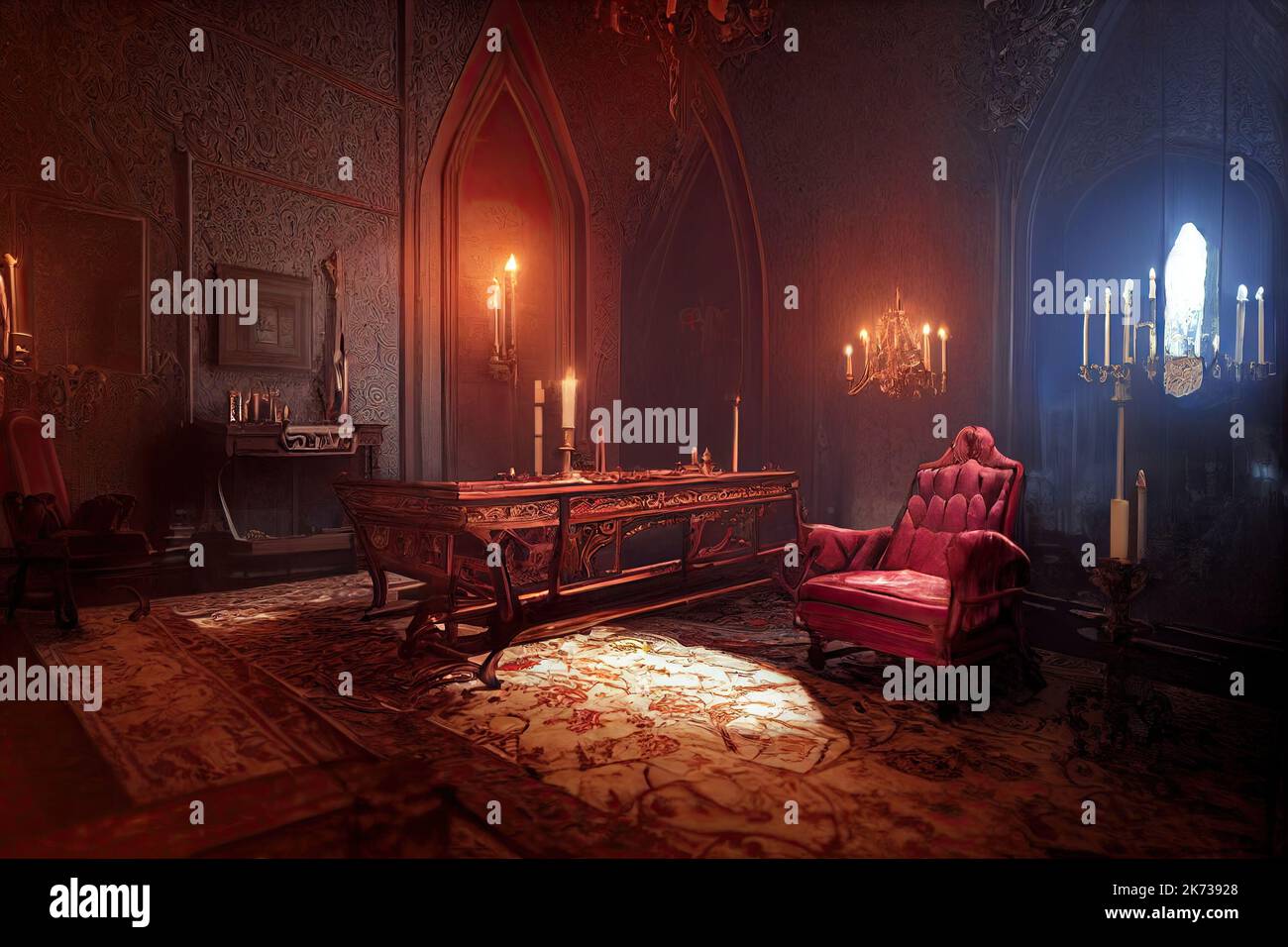 An antique vampire castle is set in an elegant Victorian living room ...